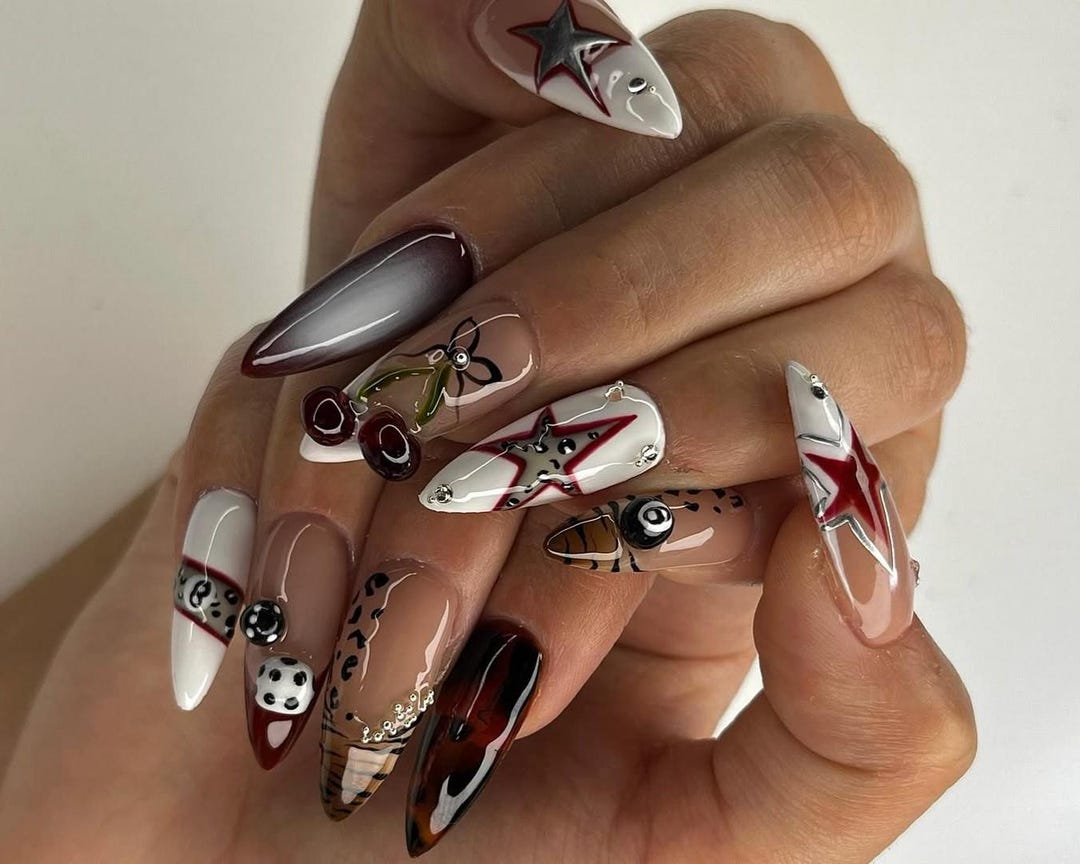 Rockstar Press on Nails, Handmade 3D Cherry and Star Nail Art, Edgy Red ...