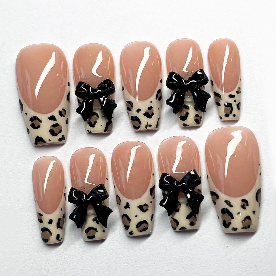 Leopard Print French Tip Nails With 3D Black Bow Accents, Wild and ...