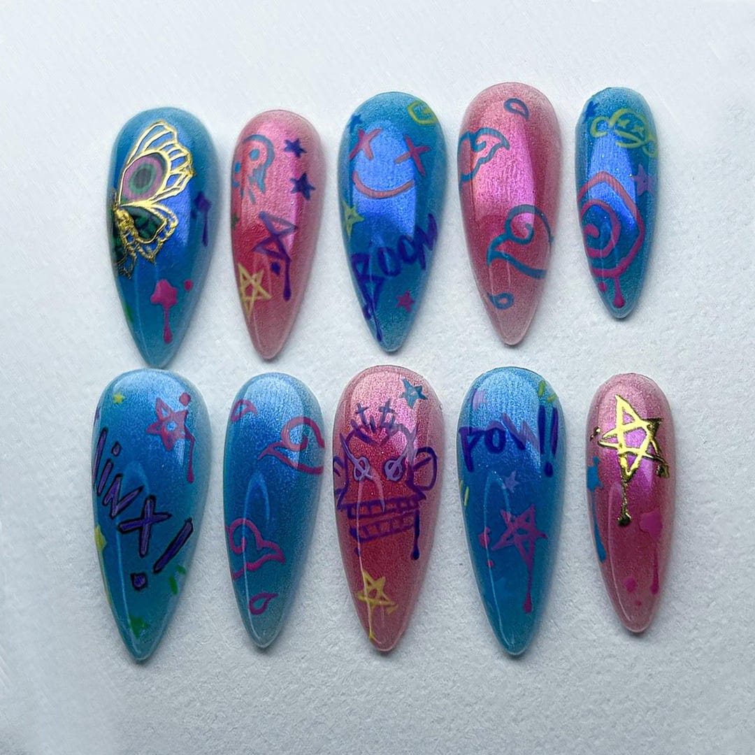 League of Legends Jinx Nail Art, Pink & Blue Graffiti Stiletto Nails, Custom Pop Art Ombre Nails ...