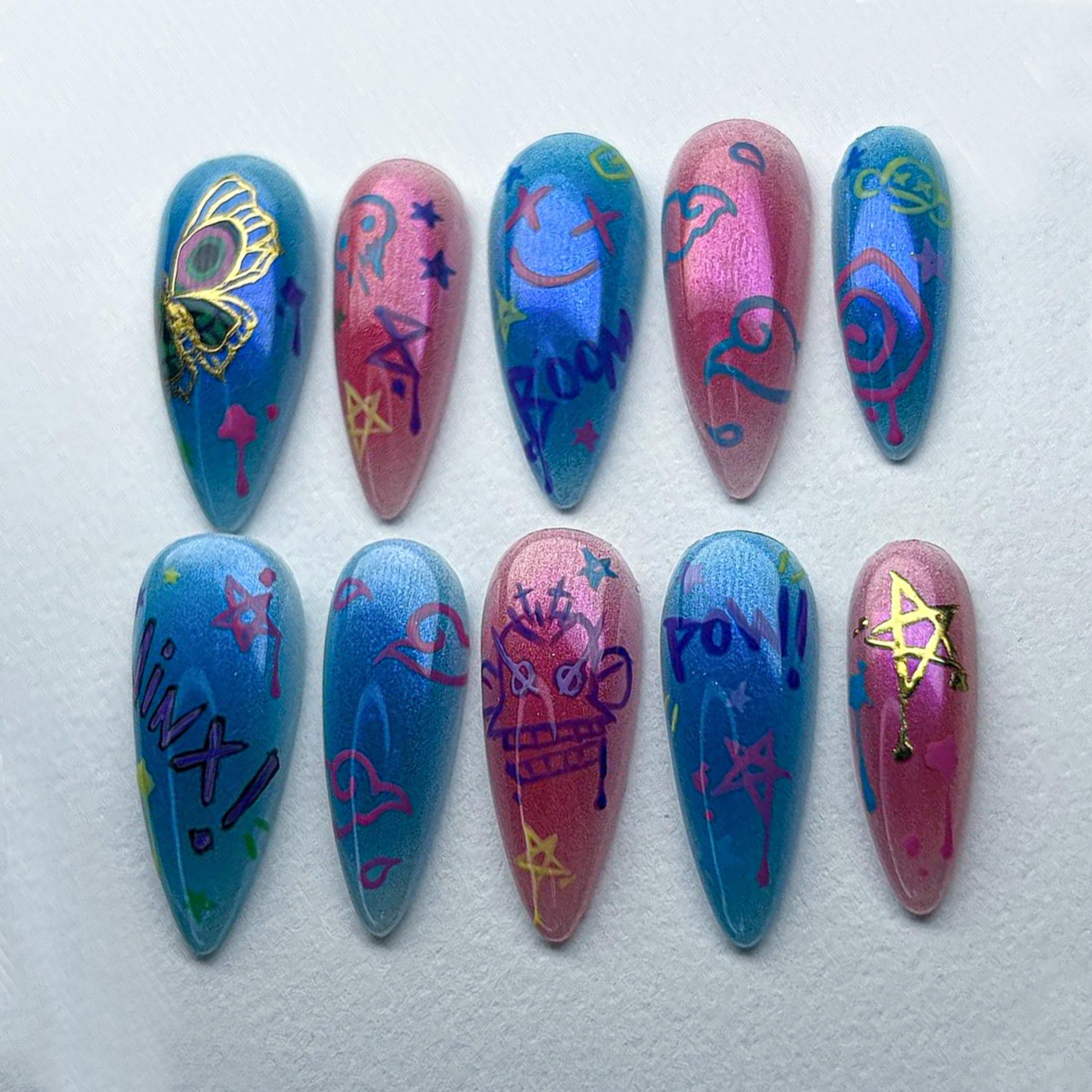 League of Legends Jinx Nail Art, Pink & Blue Graffiti Stiletto Nails ...