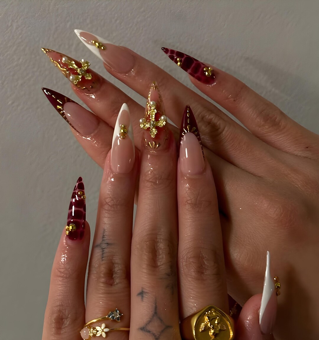 Gold Cross Gothic Press on Nails, Gothic Gold & Deep Burgundy Nail Art ...