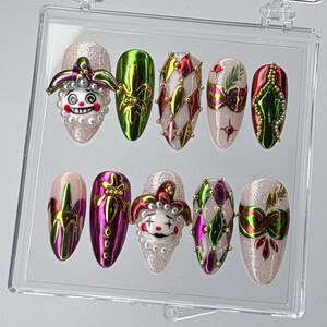 Mardi Gras Party Press on Nails, Carnival Jester Nail Ar, 3D Masquerade ...