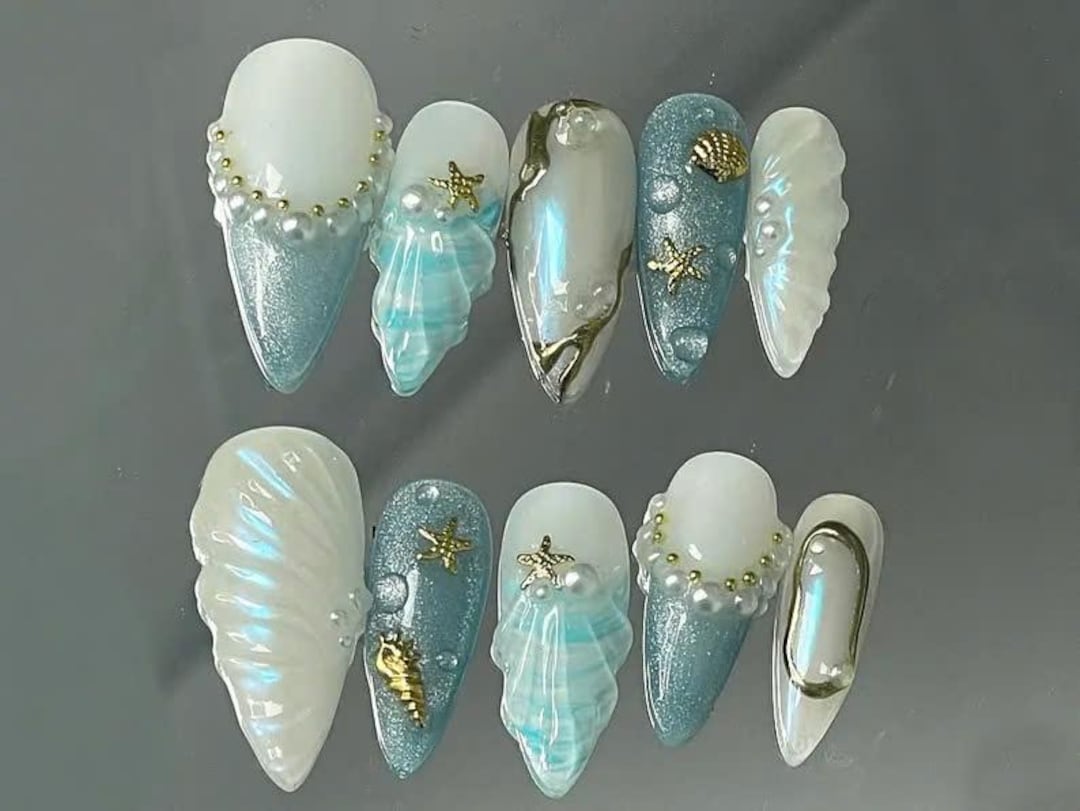 Mermaid Ocean Press on Nails Almond, Blue Ocean-inspired Designs With ...