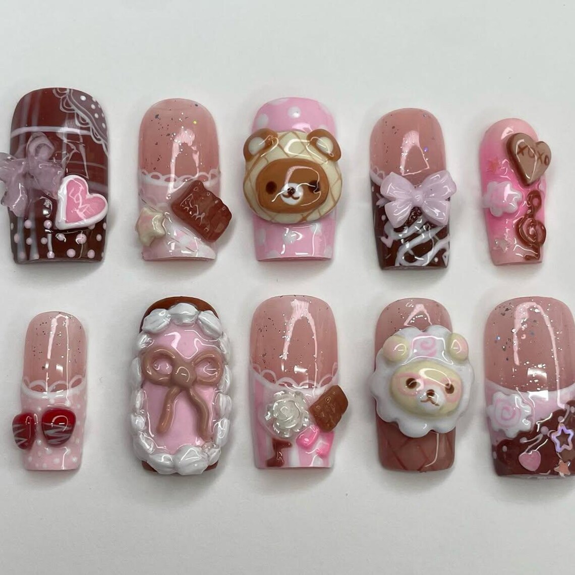 Adorable 3D Bear Press on Nails, Kawaii Chocolate Pink Nails, Cute ...