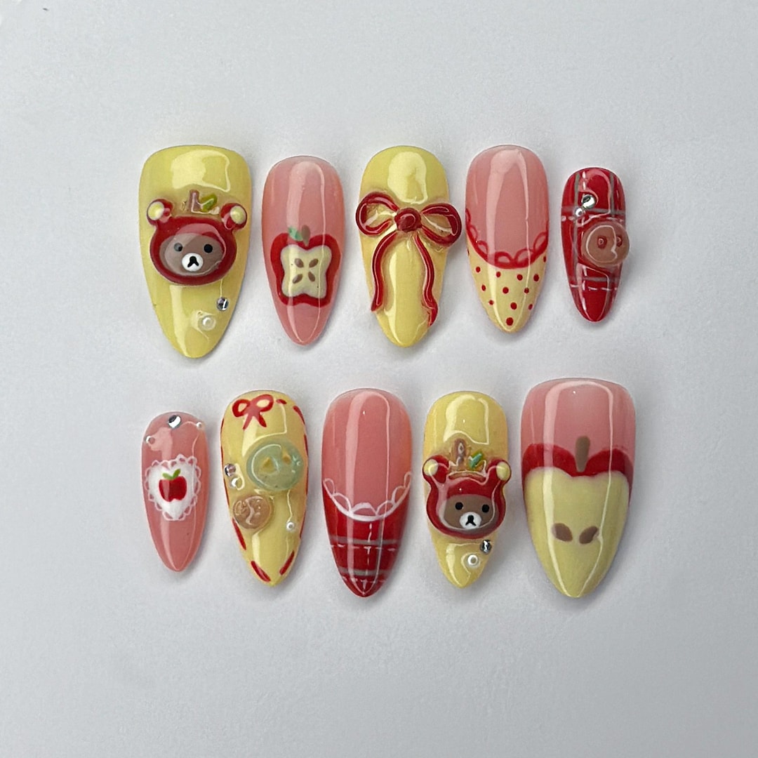 Kawaii Apple Rilakkuma Press on Nails, Custom Bear-themed Nails, Apple ...