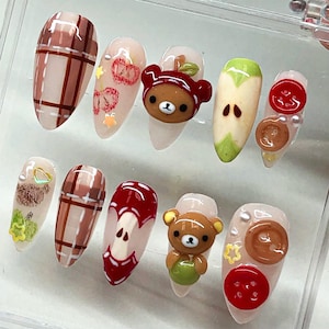 Rilakkuma and Apple-themed Press on Nails, Cute 3D Handmade Nail Art ...