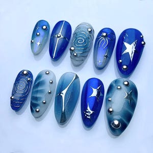 Night Sky Press on Nails, Metallic Silver & Blue Nails, Chrome Nails ...
