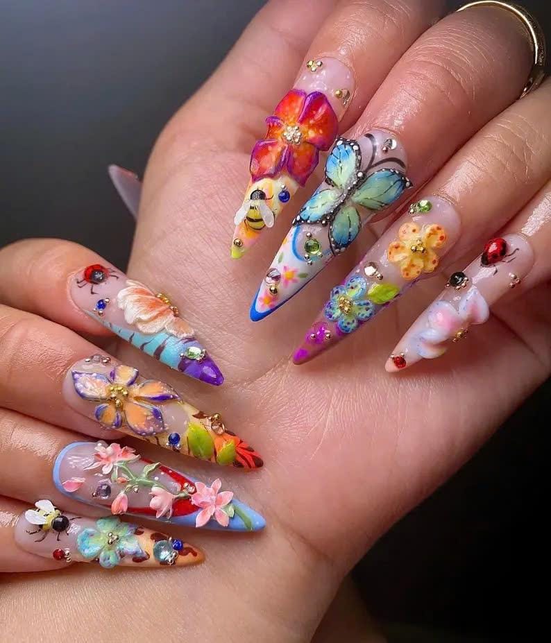 Colorful 3D Butterfly and Floral Press on Nails | Secret Garden Acrylic ...