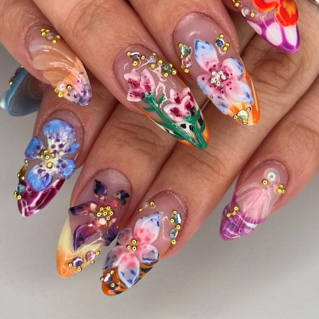 Vibrant 3D Floral Press-on Nails, Hand-painted Colorful Flower Nail Art ...