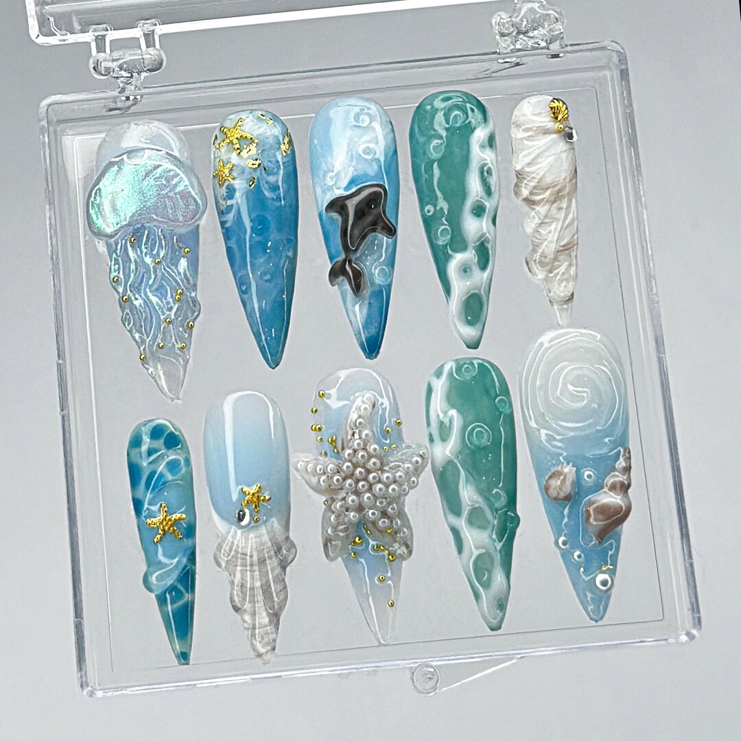 Ocean Theme Press on Nails, 3D Jellyfish Starfish Sea Shell Nail Art ...