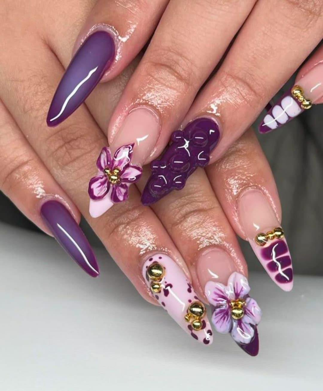 Purple Floral Press on Nails, 3D Grape Nail Art, Handmade Long Coffin ...