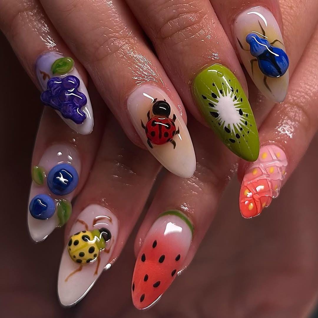 Juicy Summer Press on Nails, Cute Summer Bug & Fruit Nails, Watermelon ...