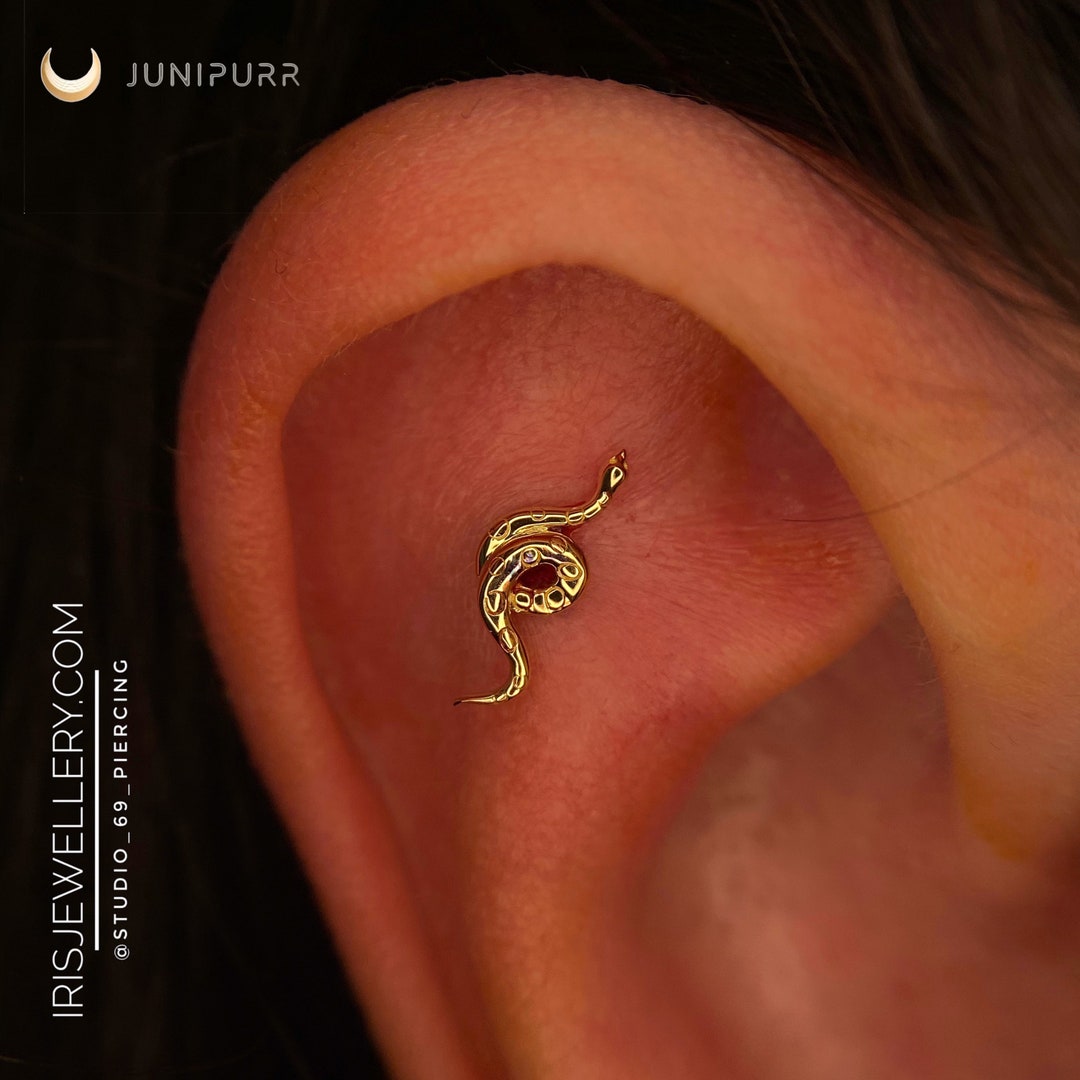 14k Yellow Gold Textured Snake From Junipurr, Suits Tragus, Flat, Conch ...