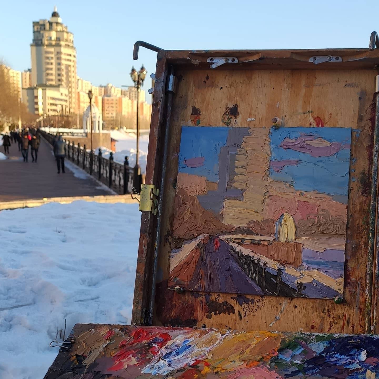 Promenade in March Original Oil Painting Embankment 8" by 8" by Zairkz ...
