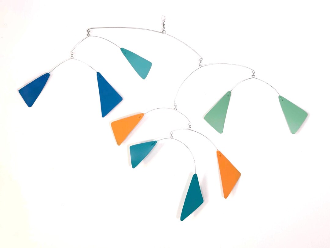 Abstract Soft Orange and Blue, Teal and Sage Triangles Mobile, 35” Wide ...