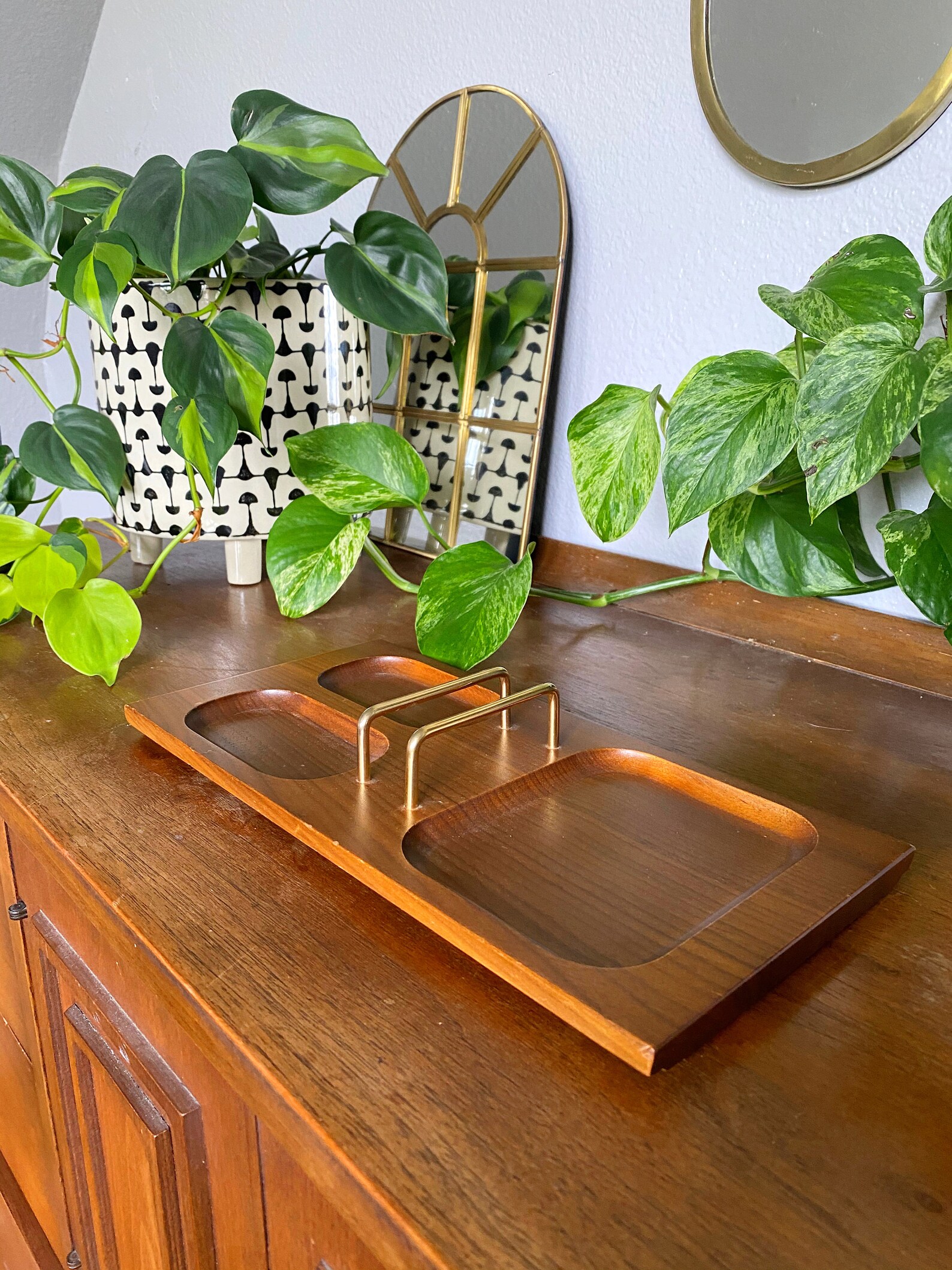 Mid Century Wood Desk Caddy Organizer Jewelry Dish Catch All Solid Wood ...