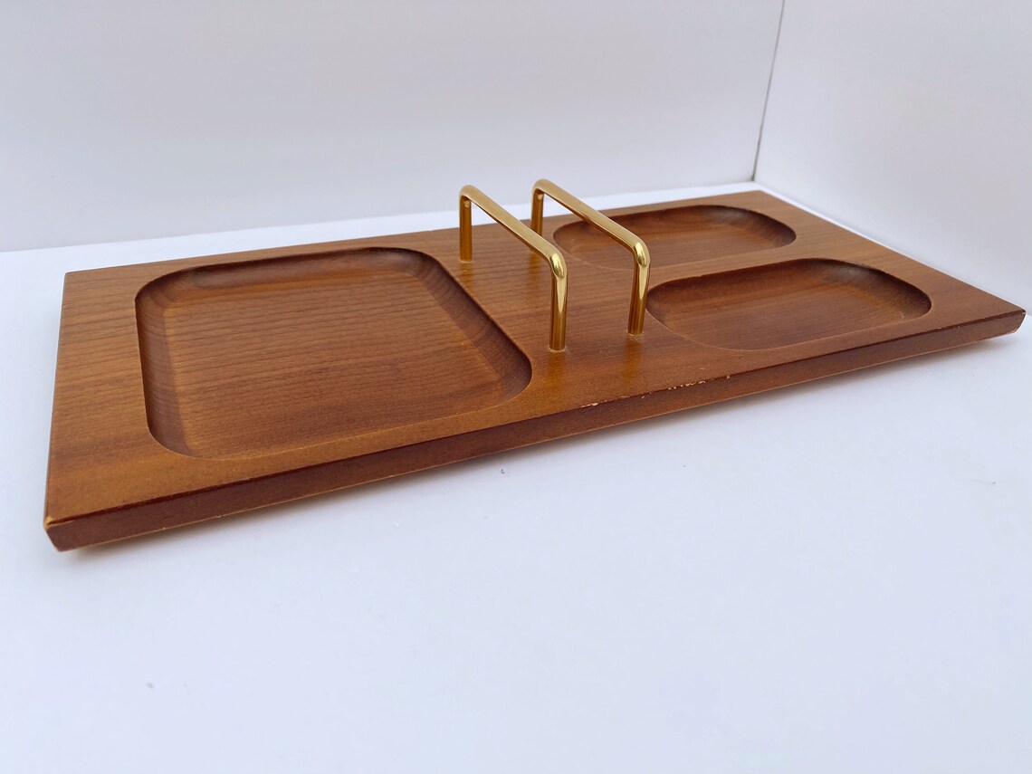 Mid Century Wood Desk Caddy Organizer Jewelry Dish Catch All Solid Wood ...