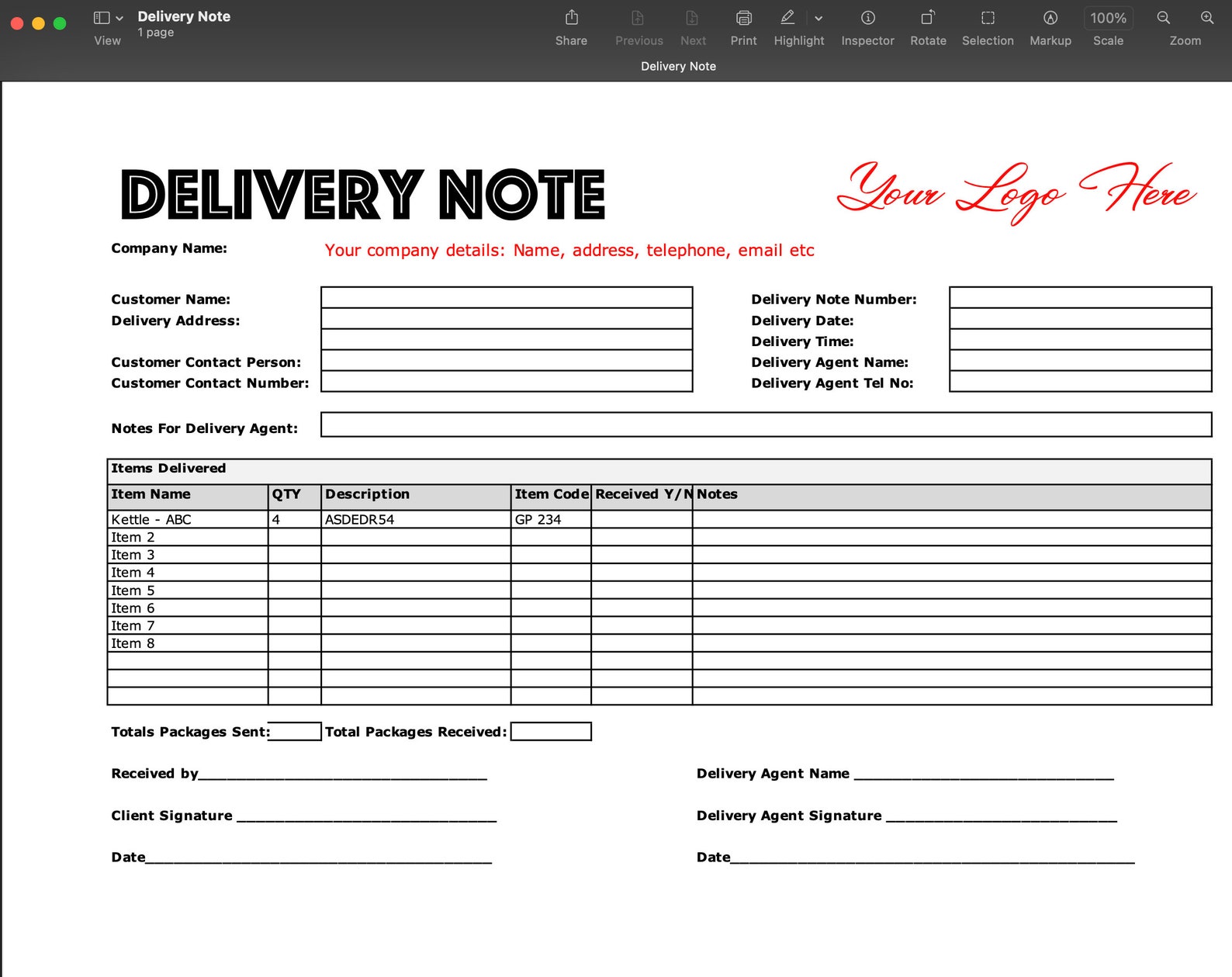 Printable and Editable Delivery Note/proof of Delivery Template in ...