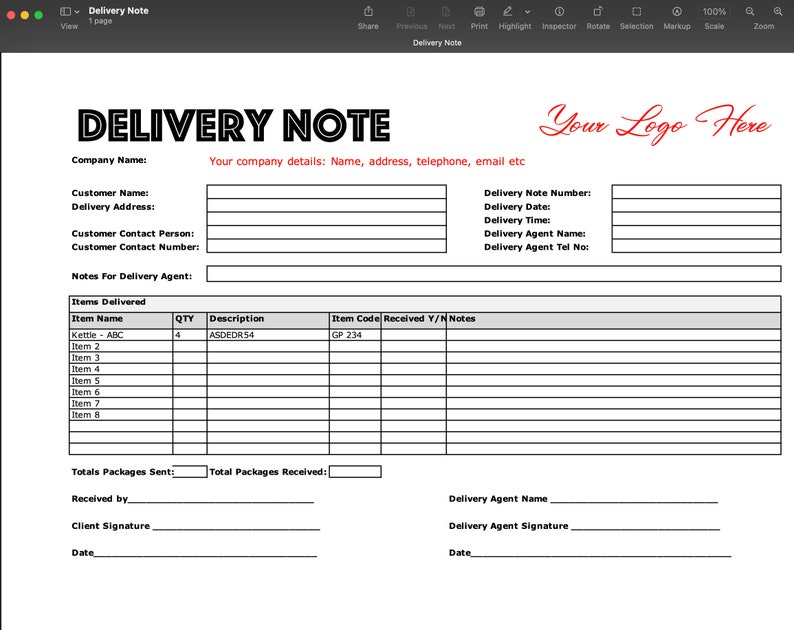 Printable and Editable Delivery Note/proof of Delivery Template in ...
