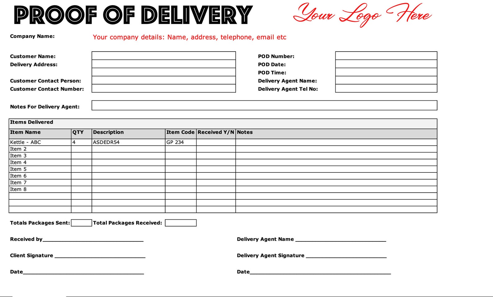 Printable and Editable Proof of Delivery Template in Excel Format - A4 ...