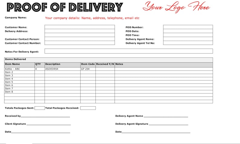 Printable and Editable Proof of Delivery Template in Excel Format - A4 ...