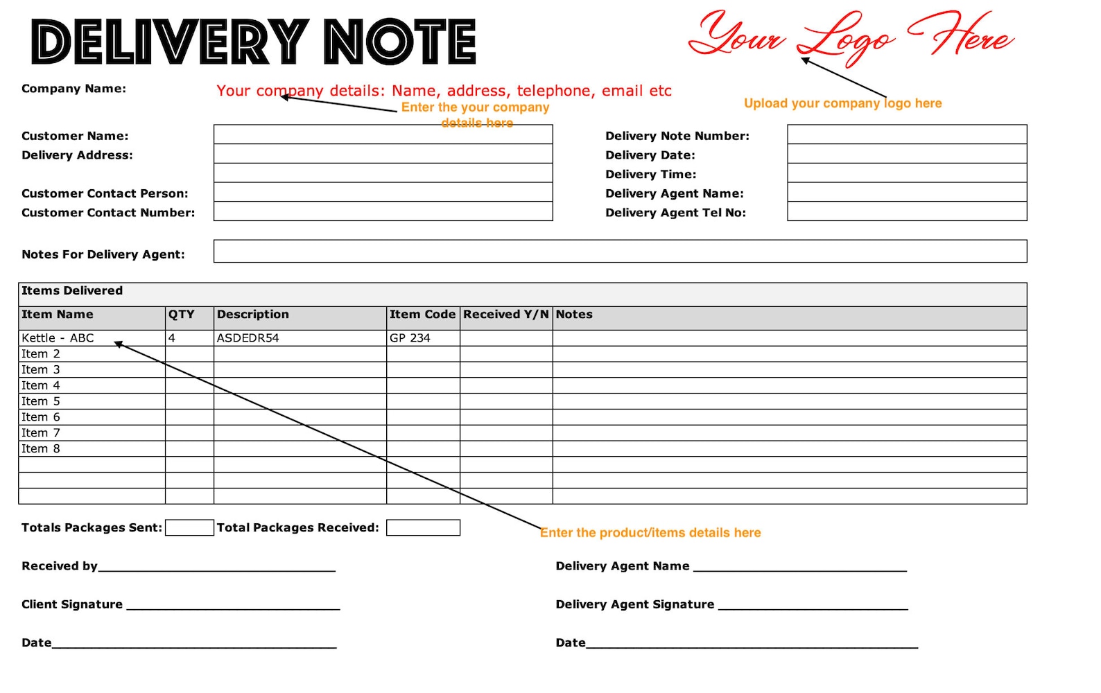 Printable and Editable Delivery Note/proof of Delivery Template in ...