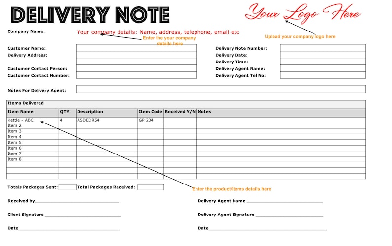 Printable and Editable Delivery Note/proof of Delivery Template in ...