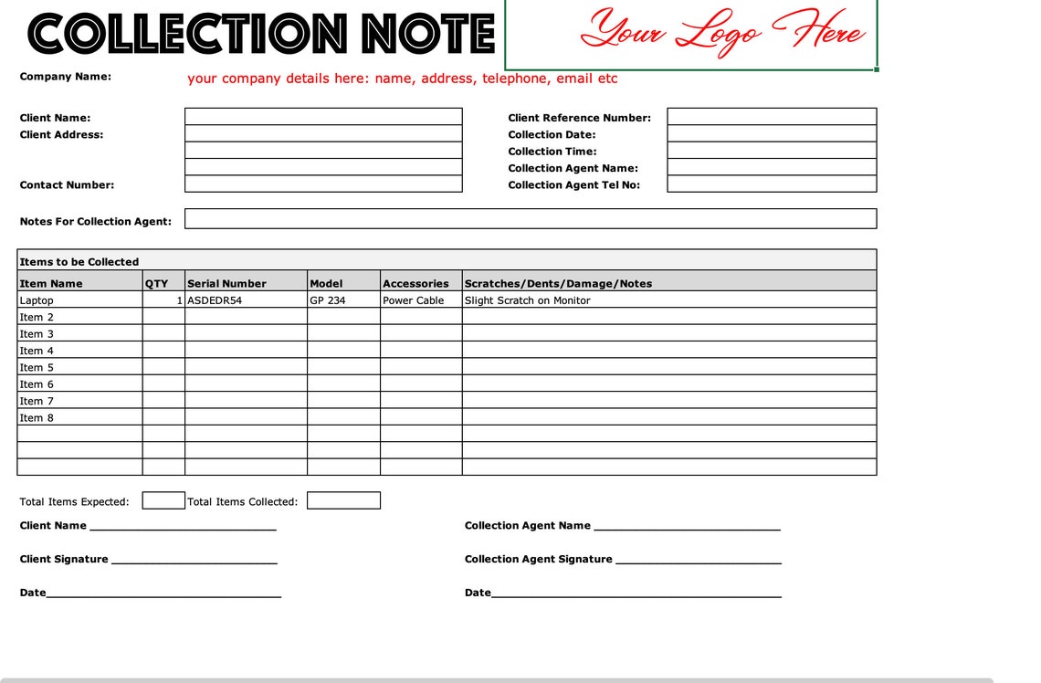 A4/letter - Printable and Editable Collection Note/slip Template in ...