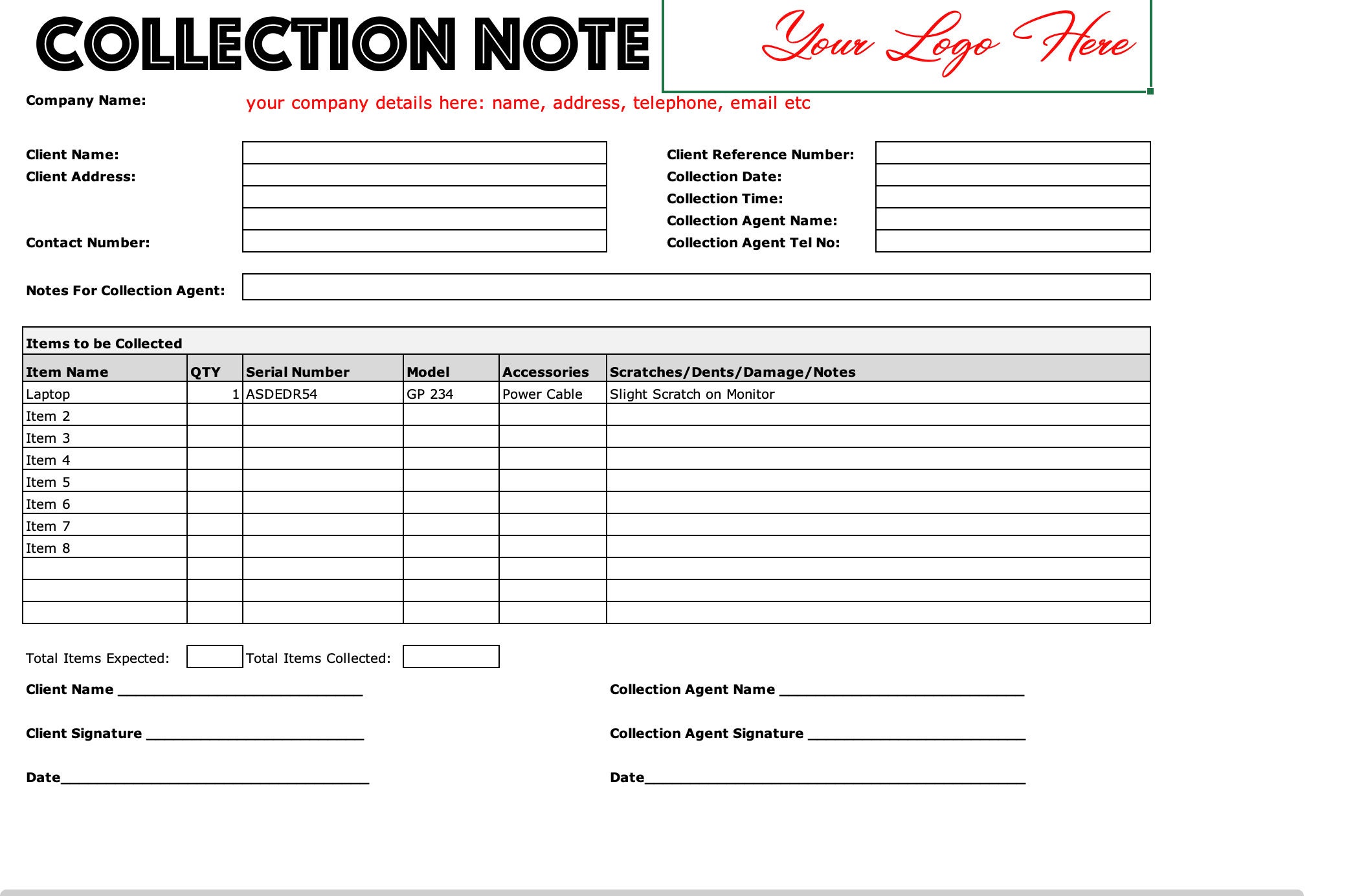 A4/letter - Printable and Editable Collection Note/slip Template in ...