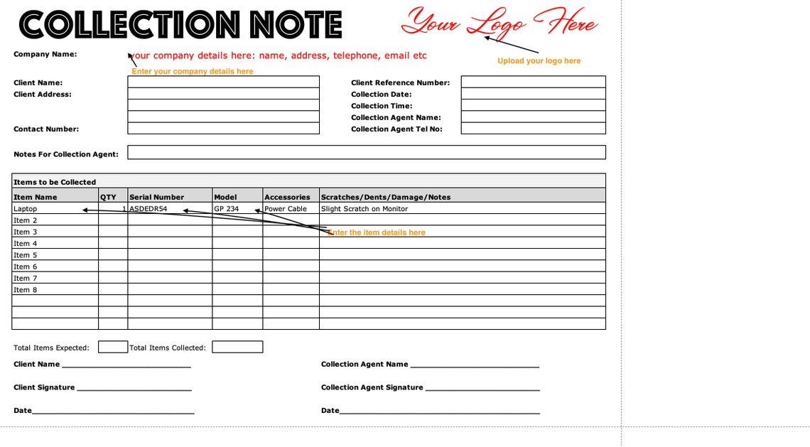 A4/letter - Printable and Editable Collection Note/slip Template in ...