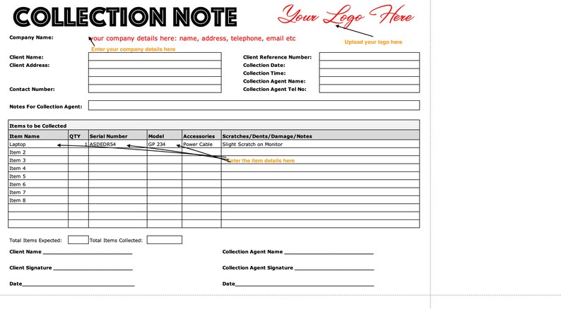 A4/letter - Printable and Editable Collection Note/slip Template in ...