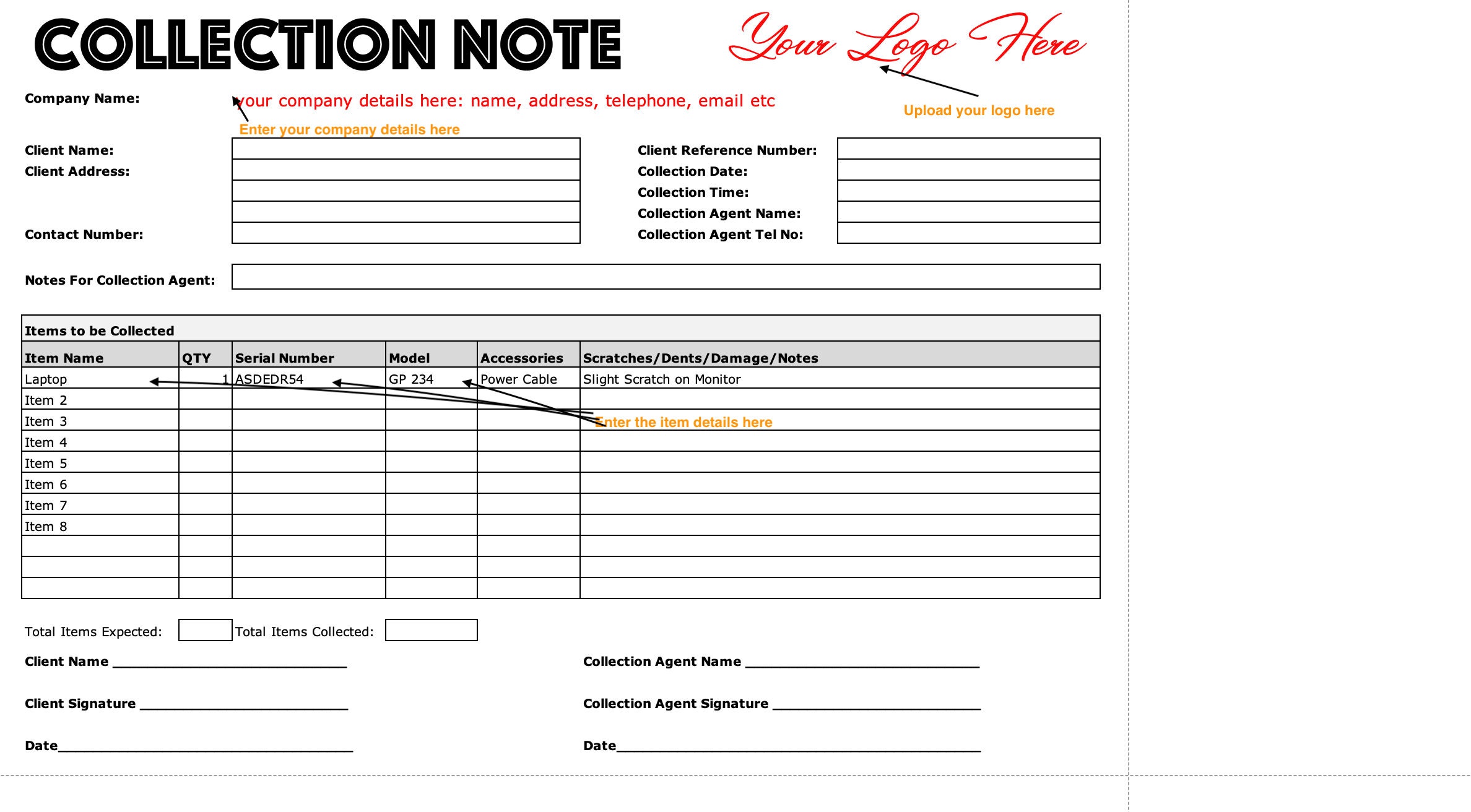 A4/letter - Printable and Editable Collection Note/slip Template in ...