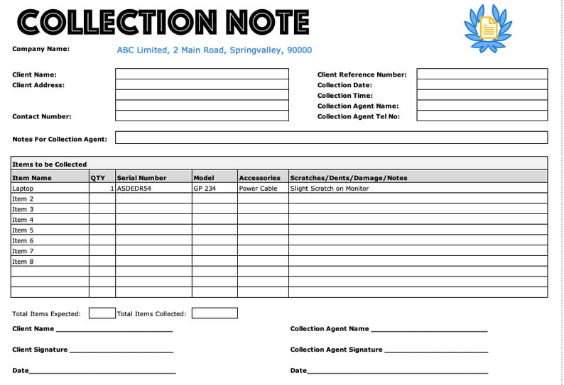 A4/letter - Printable and Editable Collection Note/slip Template in ...