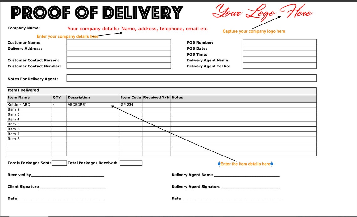Printable and Editable Proof of Delivery Template in Excel Format - A4 ...