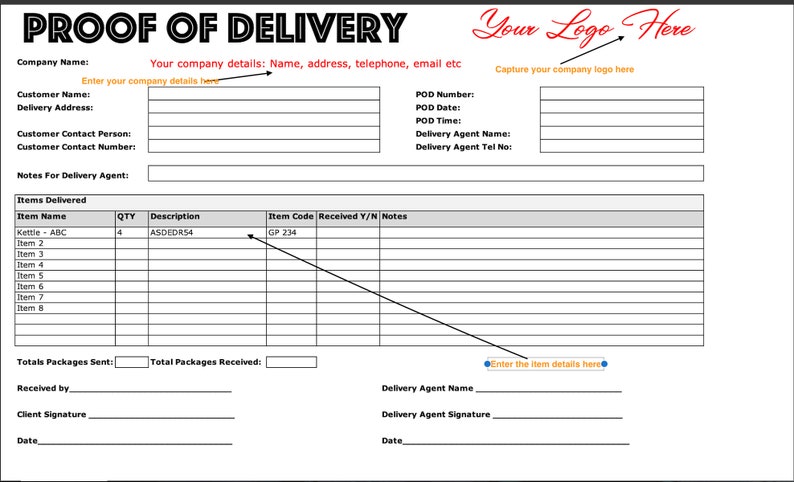 Printable and Editable Proof of Delivery Template in Excel Format - A4 ...