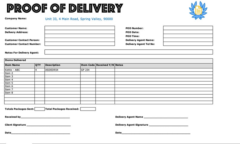 Printable and Editable Proof of Delivery Template in Excel Format - A4 ...