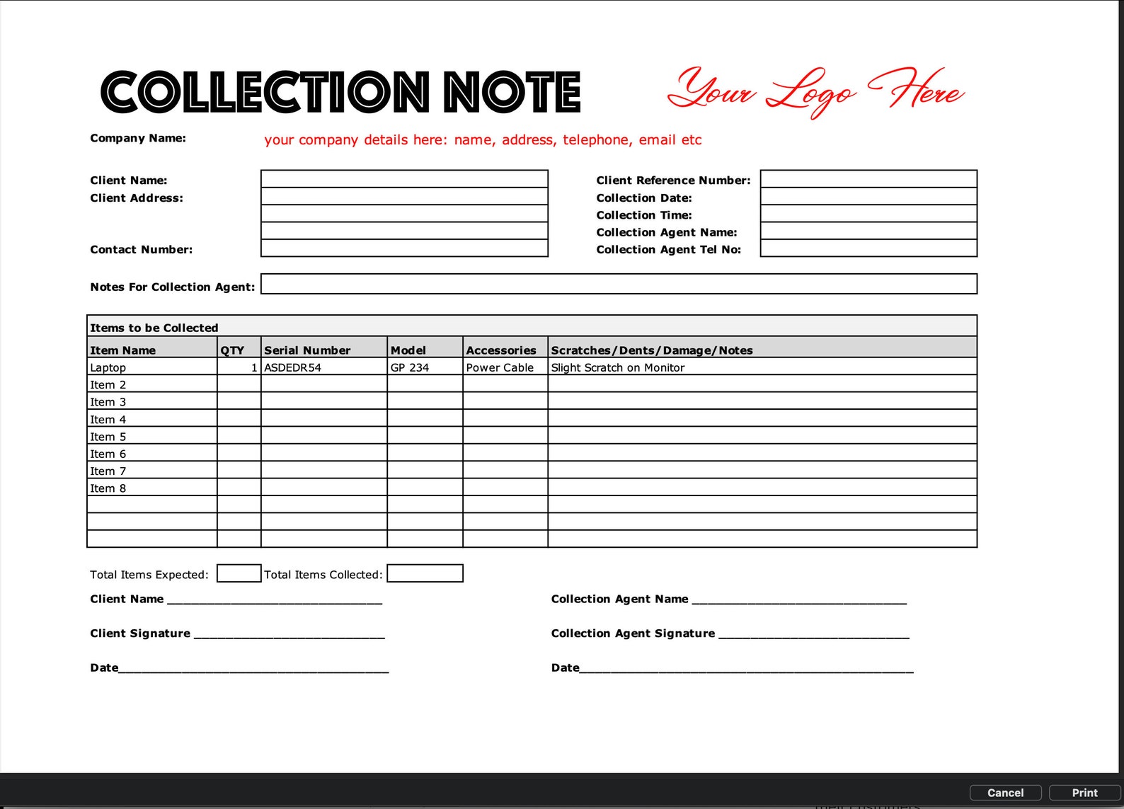 A4/letter - Printable and Editable Collection Note/slip Template in ...