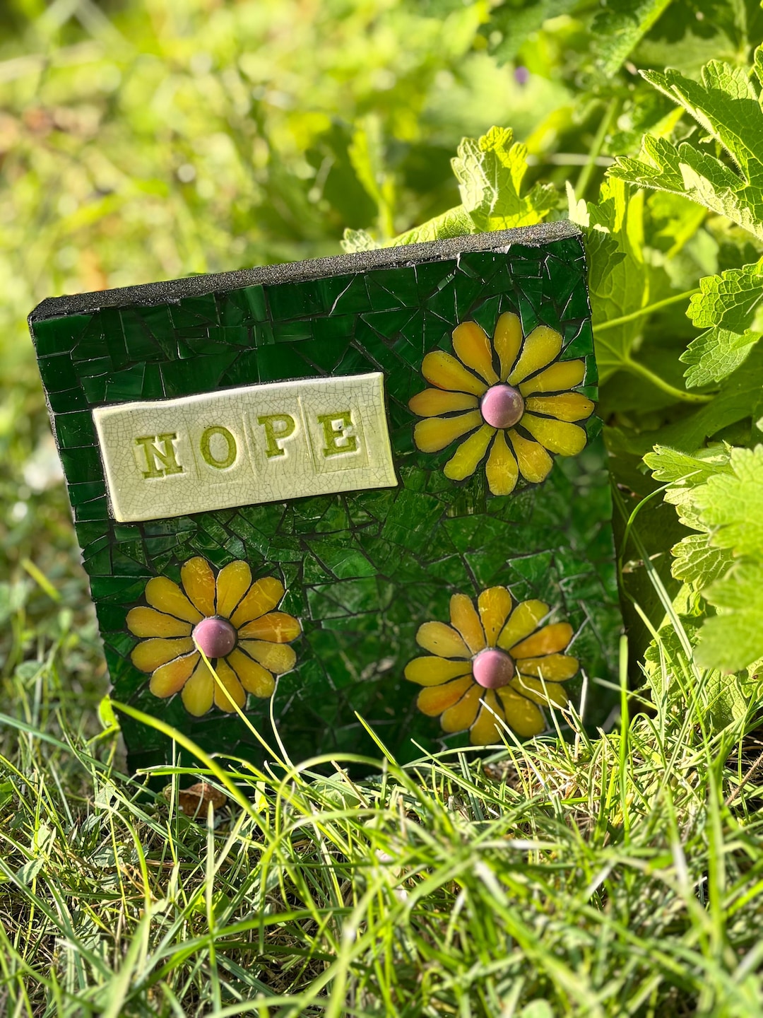 Nope Mosaic Wall Art: Green & Yellow Glass Tile Flower Sign - Etsy