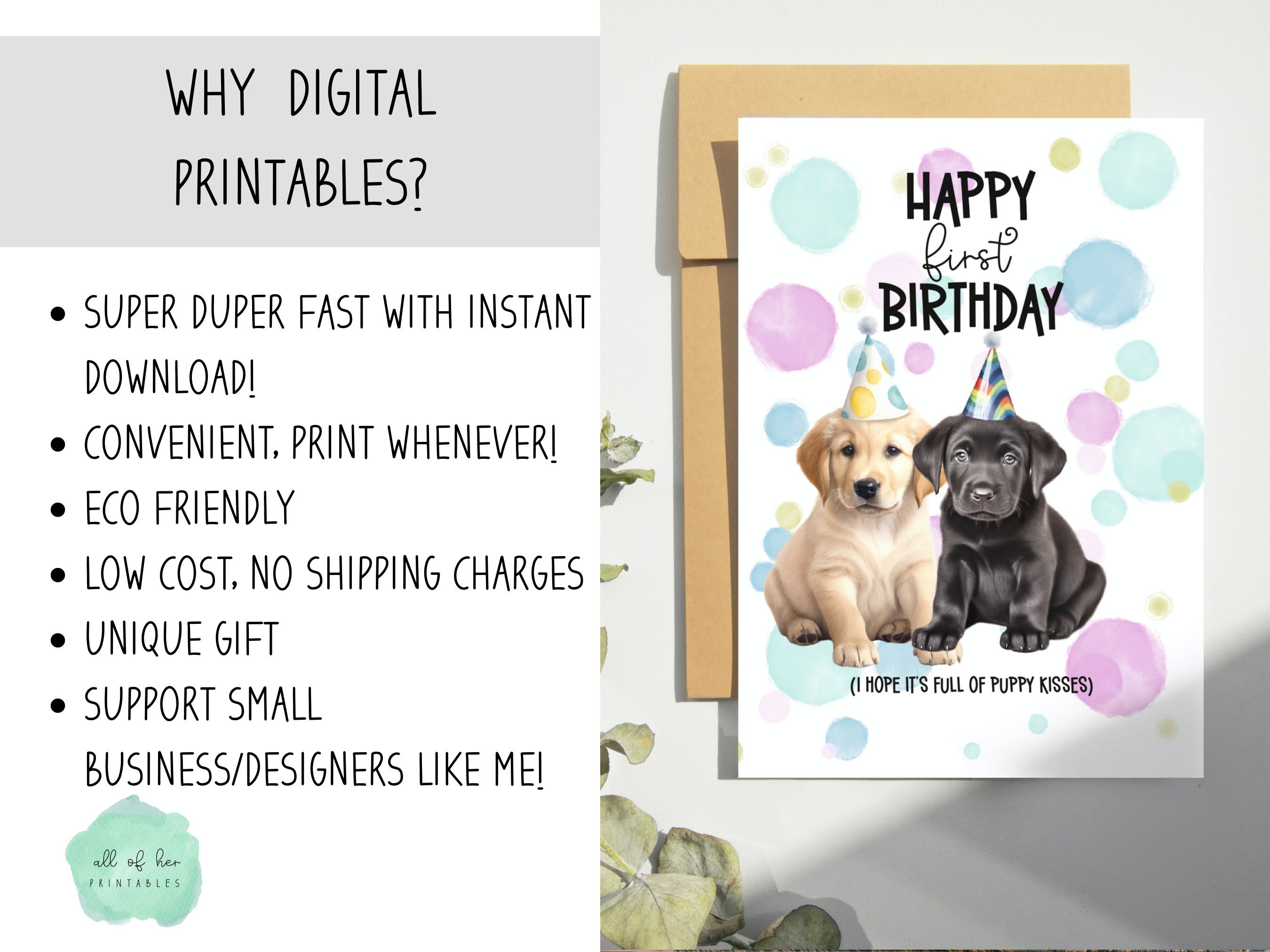1st Birthday Puppy Card, Printable Puppy Birthday Card, First Birthday ...