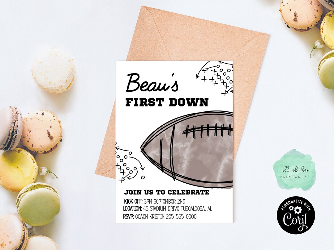 1st Birthday Football Invitation, First Down Football, First Year Down ...