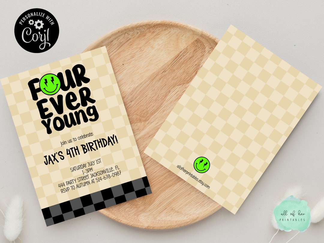Fourever Young Birthday Invitation, Forever Young Invite, Retro 4th ...