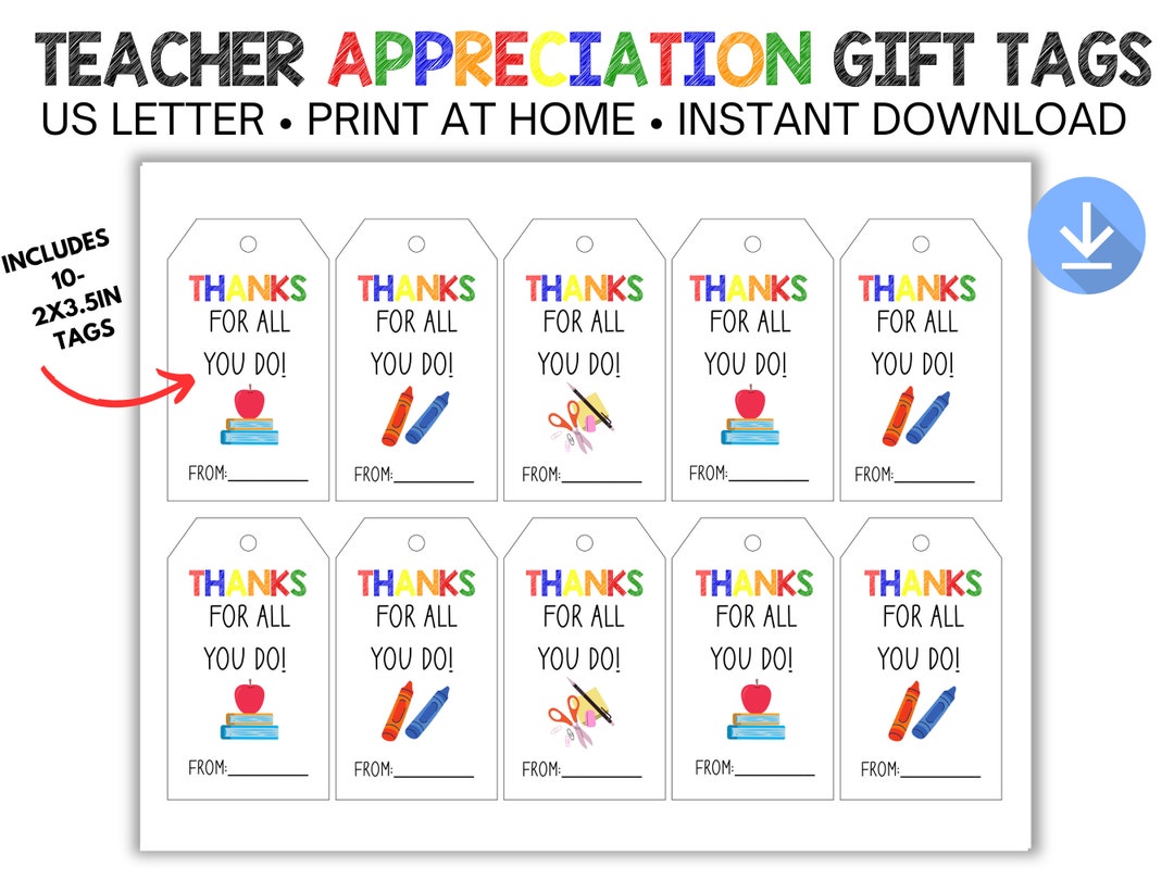 Teacher Appreciation Gift Tags, Teacher Thank You Tags, Teacher ...