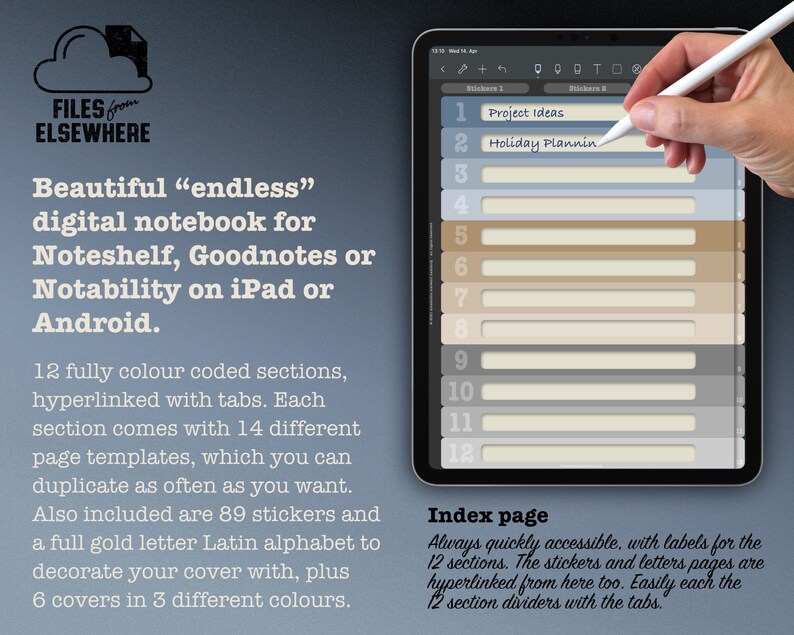 Digital Notebook With 12 Hyperlinked Sections. Noteshelf Notability ...