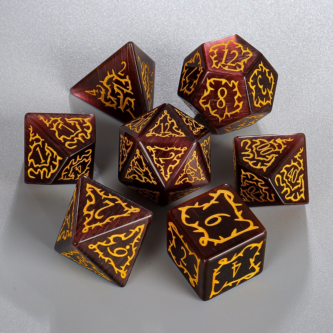 Mulberry Cat's Eye Stone Dnd Dice Set With Thorn Symbol Engraved ...