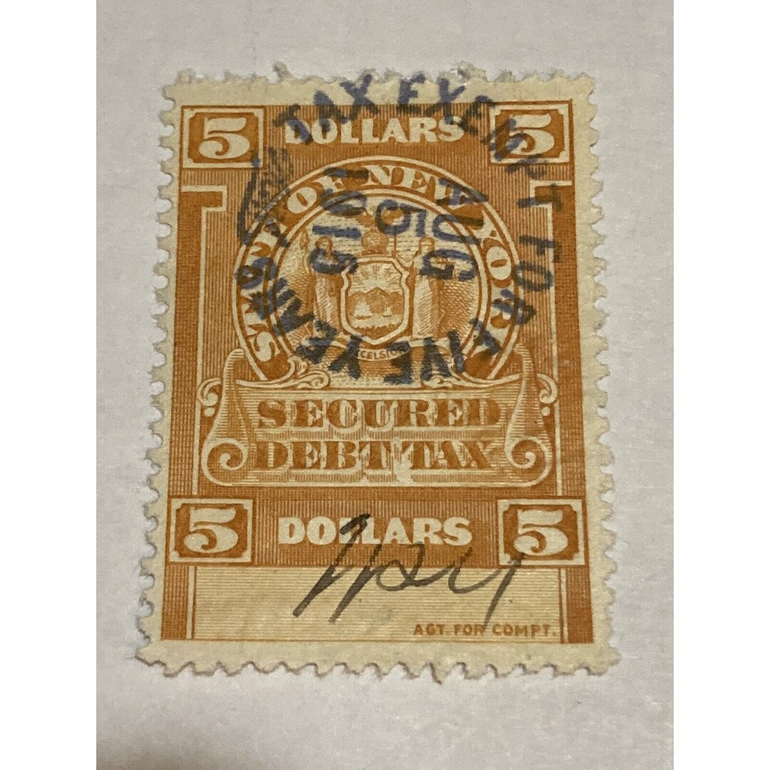 1915 State of New York Revenue Secured Debt Tax Stamp, 5 Dollars, Tax ...