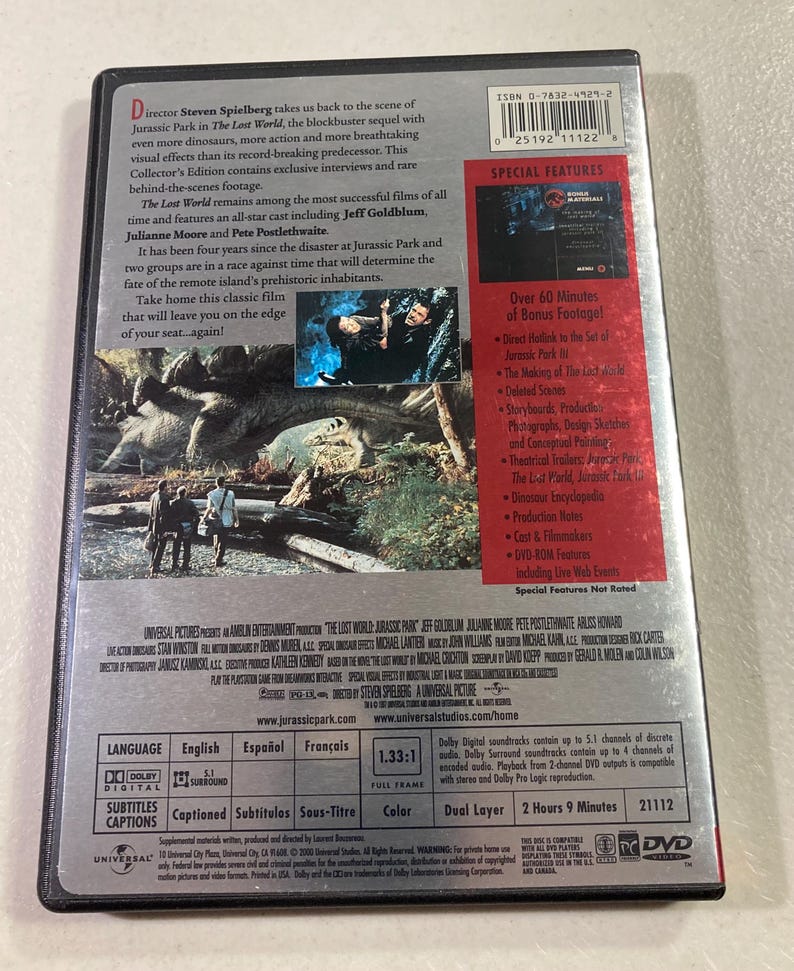 Jurassic Park the Lost World Collector's Edition DVD, Full Screen - Etsy