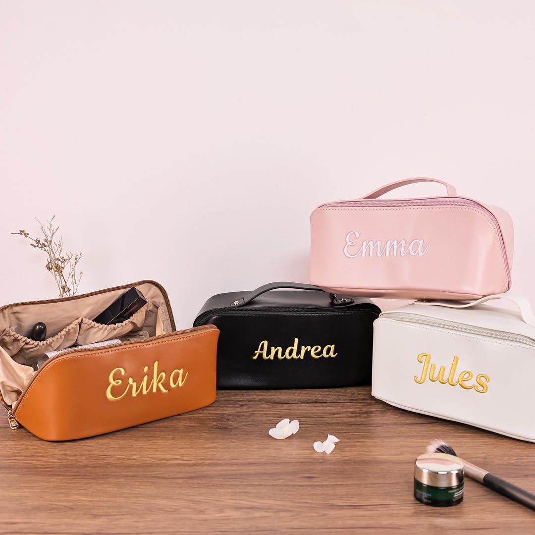 Personalized Leather Cosmetic Bag, Large Embroidered Makeup Bag ...