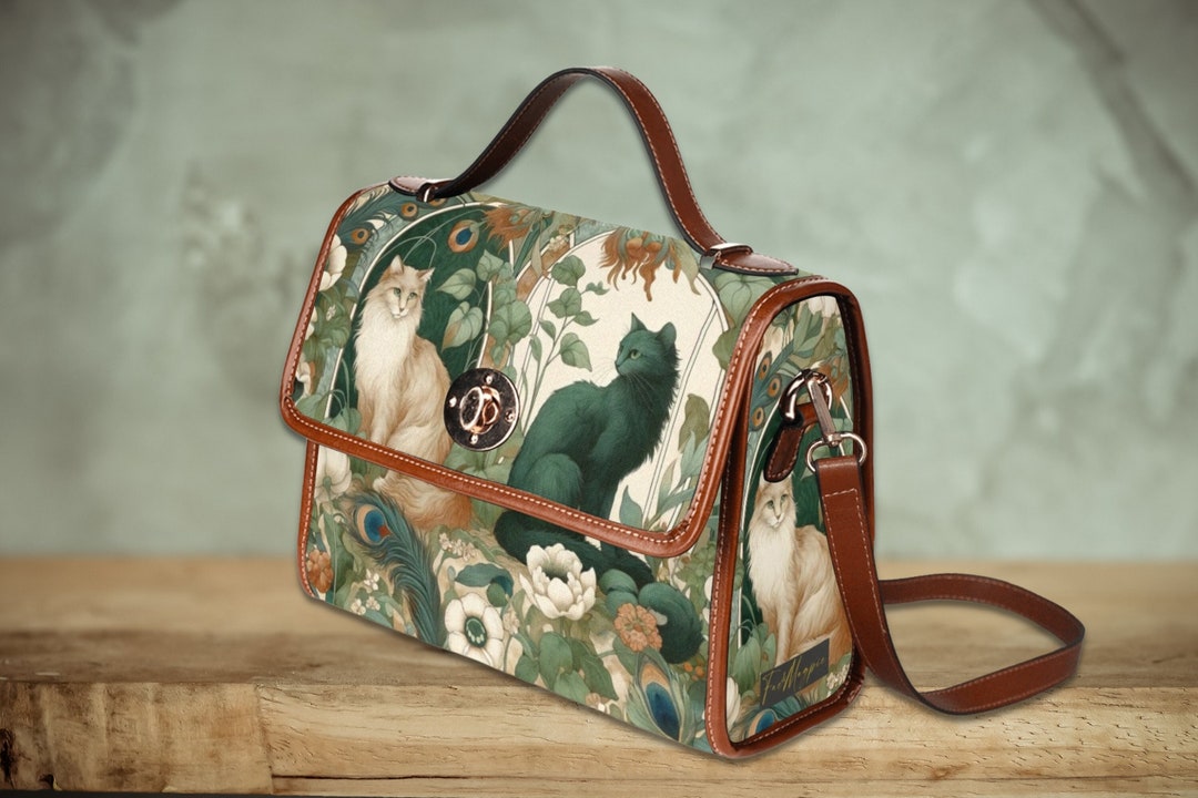 Cottagecore Boho Cats Satchel Handbag, Green Witch Cat Bag, Black Cat ...