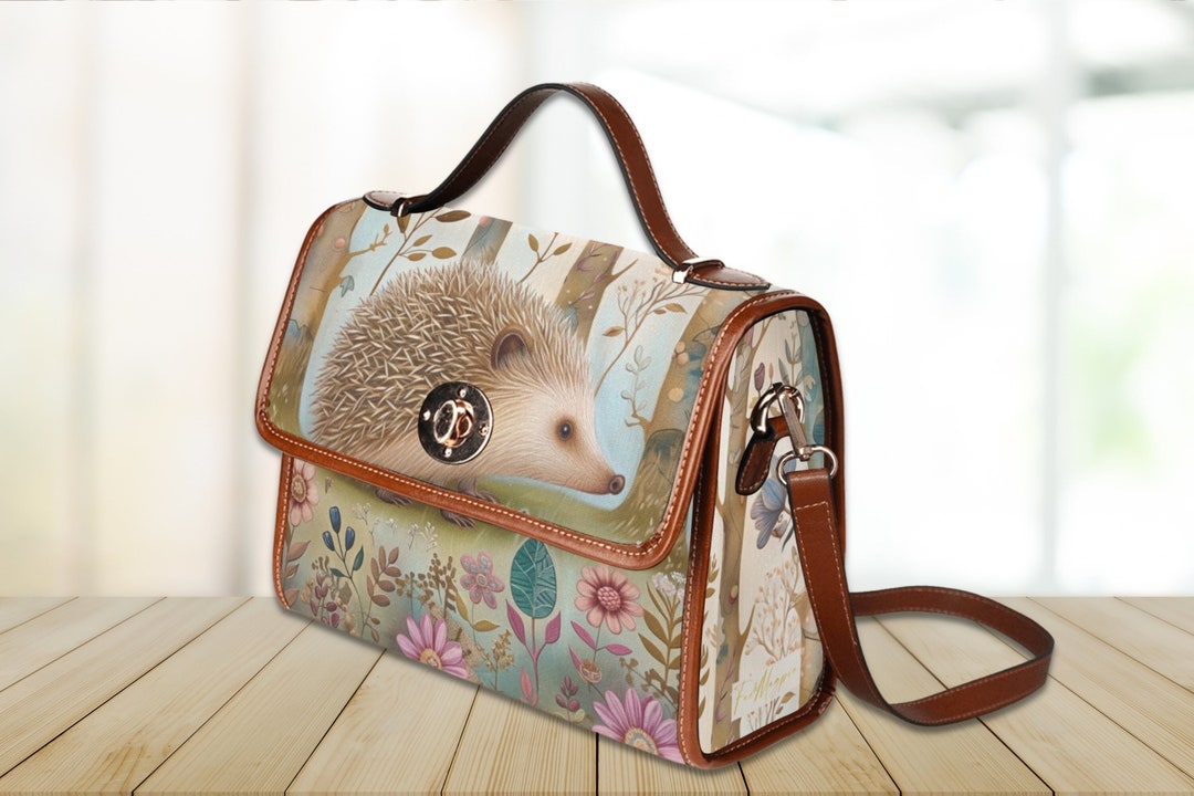 Retro Wooland Hedgehog Cottagecore Canvas Satchel Bag, Cute Top Handle ...