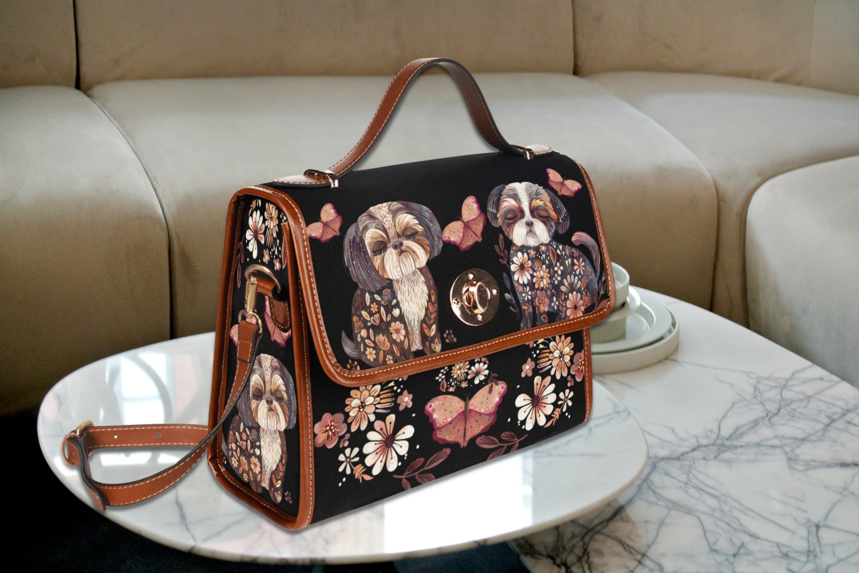 Cute Kawaii Dogs Satchel Handbag Purse, Folk Print Vegan Leather ...